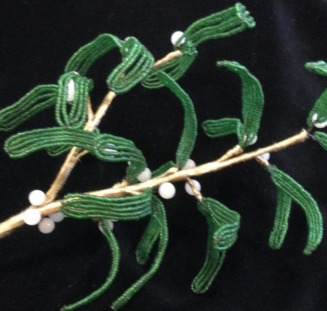 Beaded Flower Stem/wired Glass Seed Beads/evergreen Branch/berry & Leaf ...