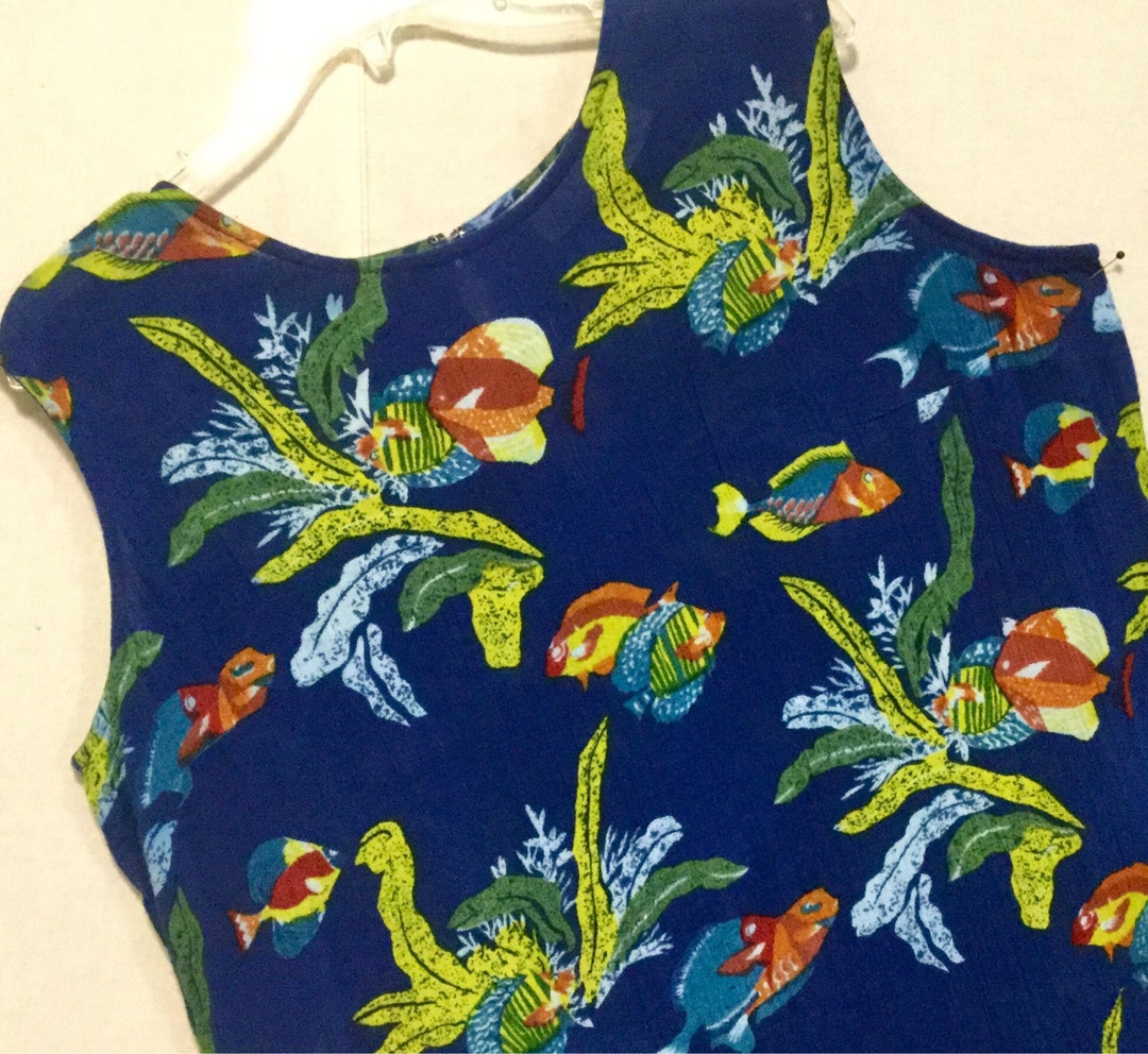 Blue Hawaiian Maxi Dress-sundress-shift/sleeveless/nautical Ocean Fish ...
