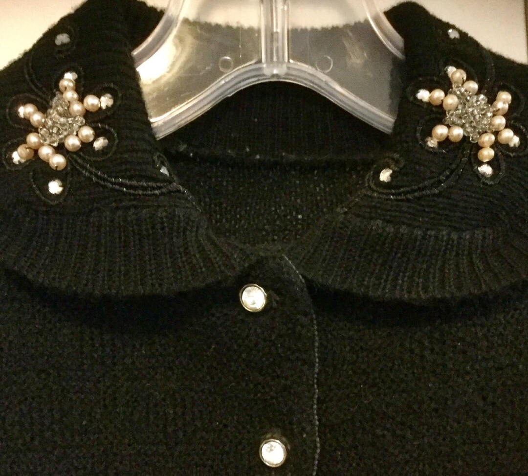 Hand Knit Sweater/cardigan/cocktail Sweater/black/beaded Rhinestone ...