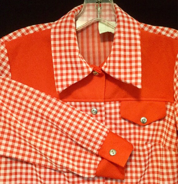 1970 Red Western Blouse-Shirt/Polyester/Cowboy/Square… - Gem