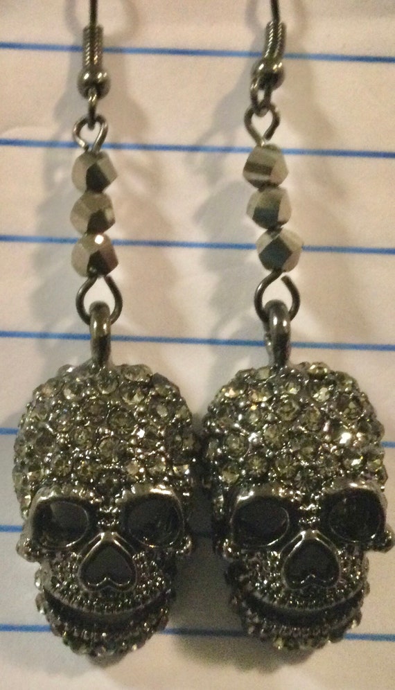 Skull Earrings skeleton Earrings black Rhinestone pierced dangle drop sugar Skull day of the Dead dias De Los Muertos halloween handmade Etsy