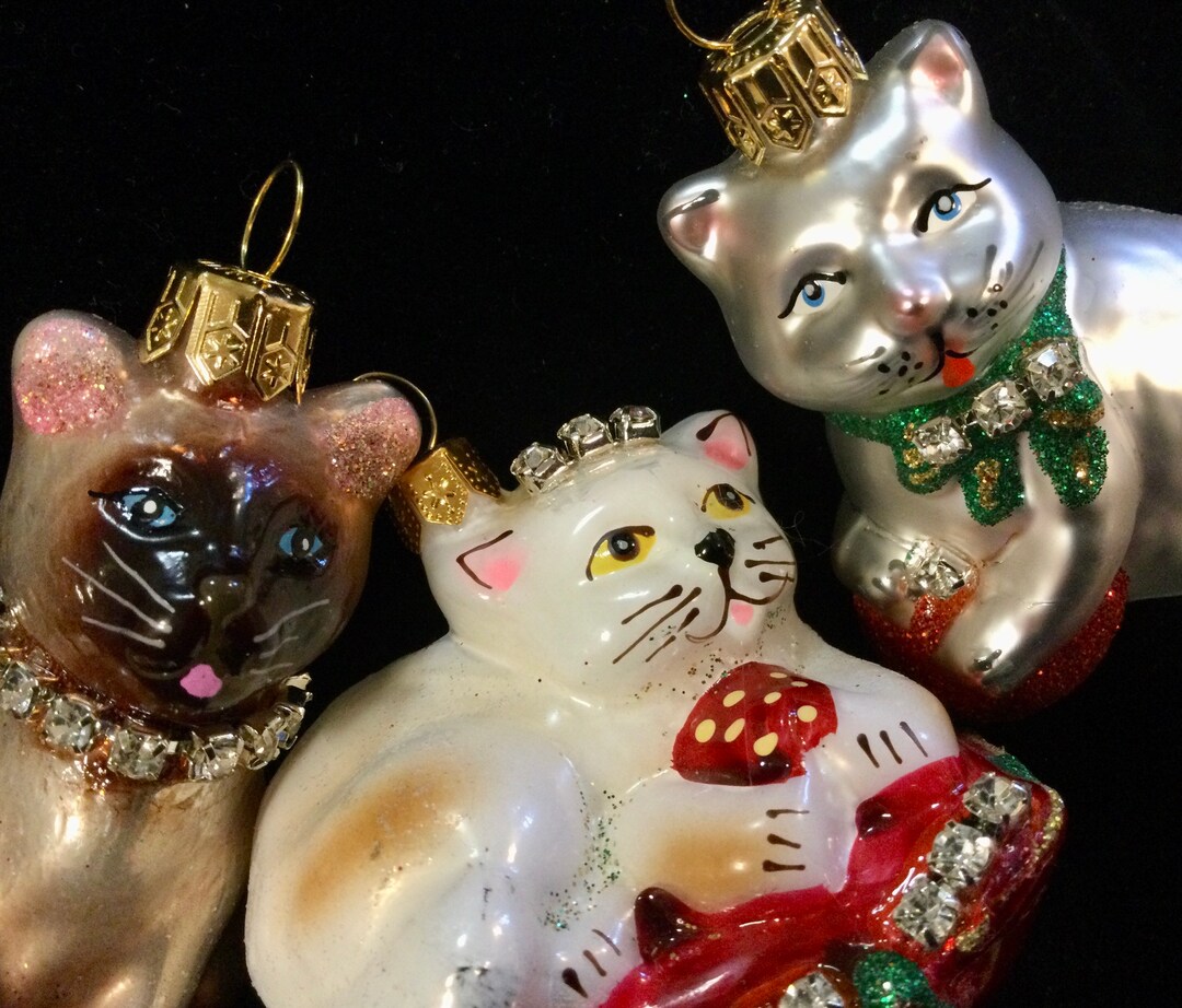 Cat Ornament Set/animal Ornament/rhinestone/impuls Poland Mercury Glass ...