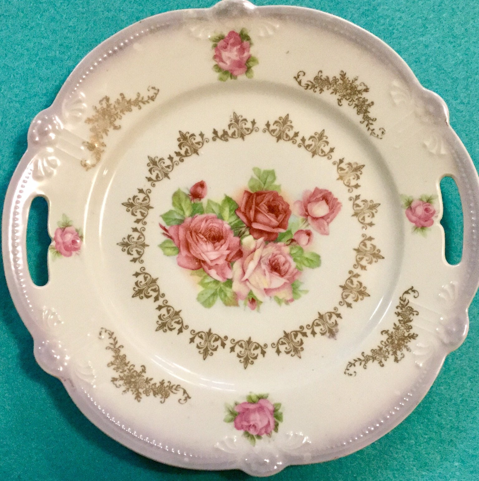 Pink Floral Cake Plate Platter/ceramic Porcelain China/blue Lustre ...