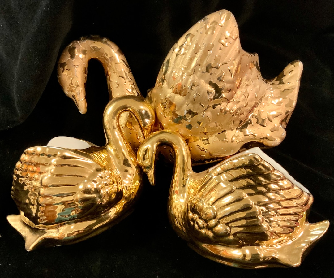 Gold Ceramic Swan Set/weeping Bright Gold/small Swan 5.75wx3.5h/large ...