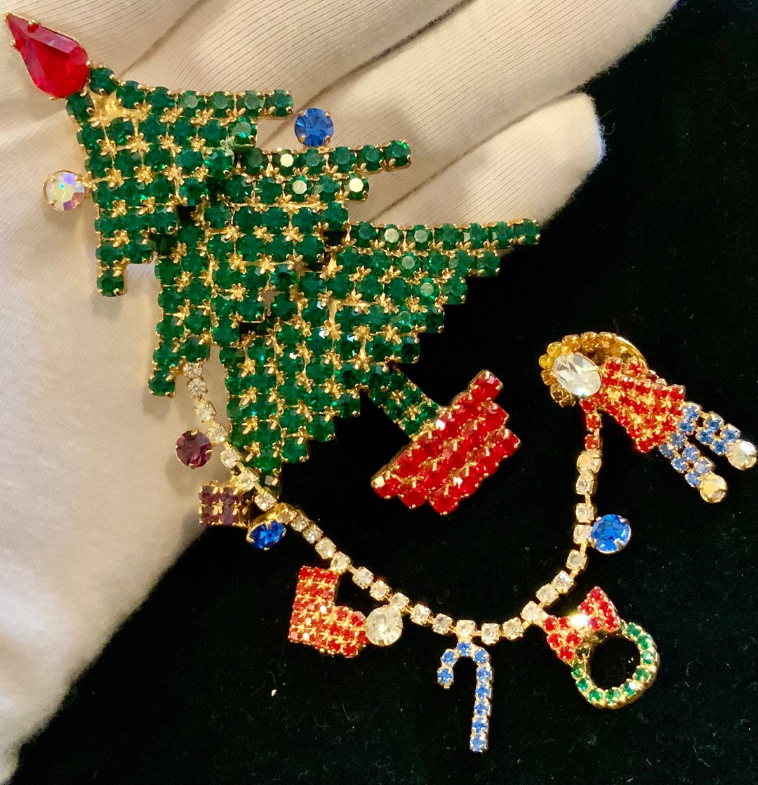 Rhinestone Crystal Christmas Tree Pin-brooch With Dangle Charm - Etsy