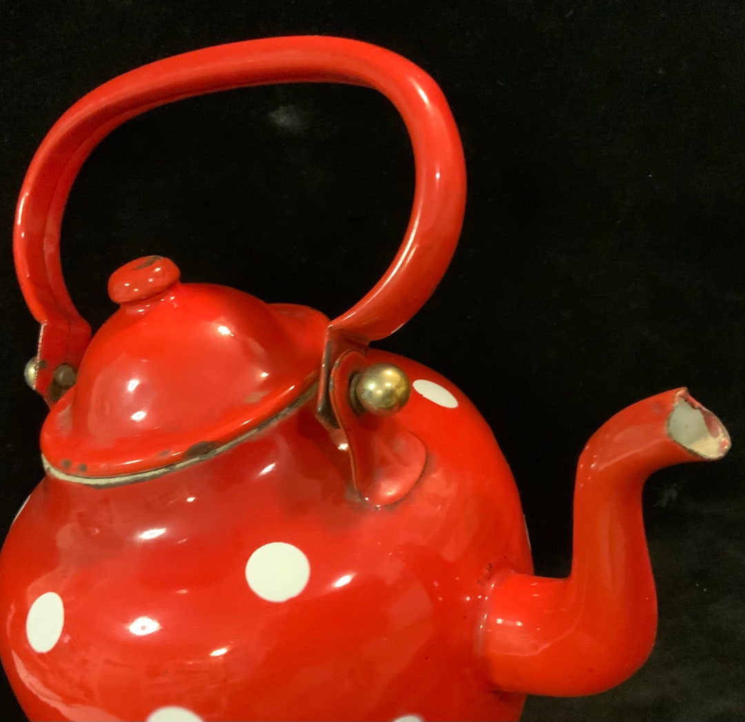 Red Enamelware Teapot Kettle/polka Dot/gooseneck Spout/swing Handle ...