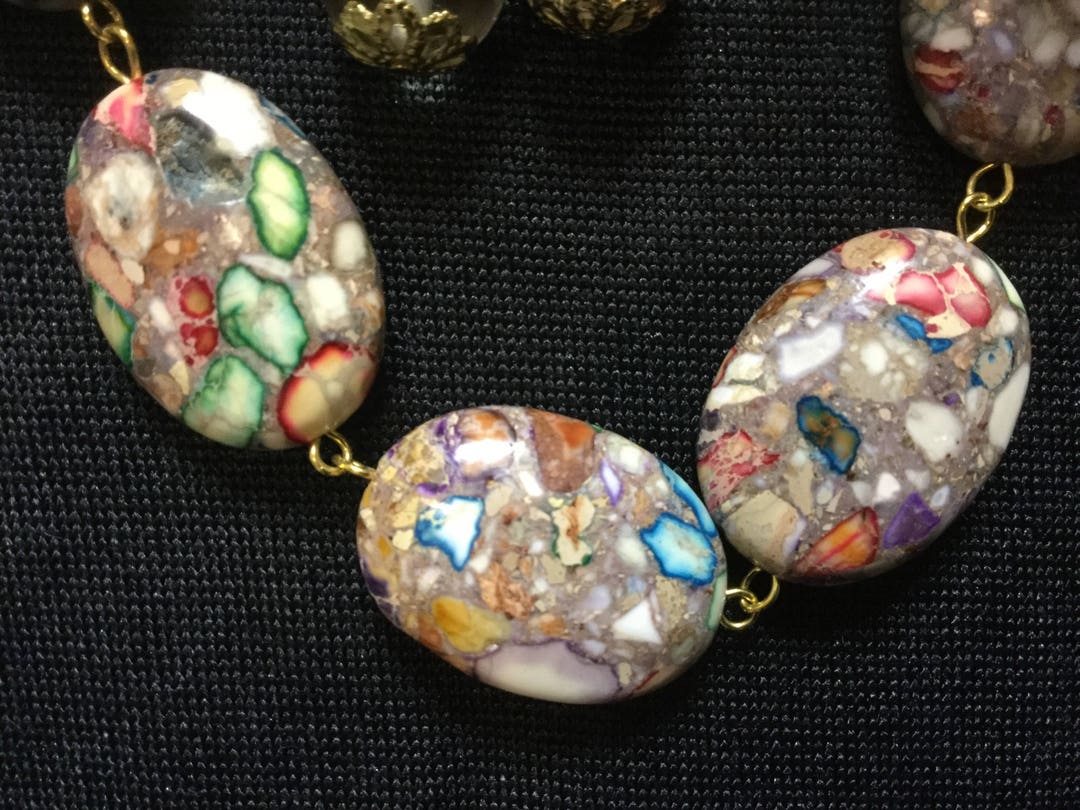 Micro Mosaic Beaded Necklace & Earrings/reconstituted Stone Beads ...
