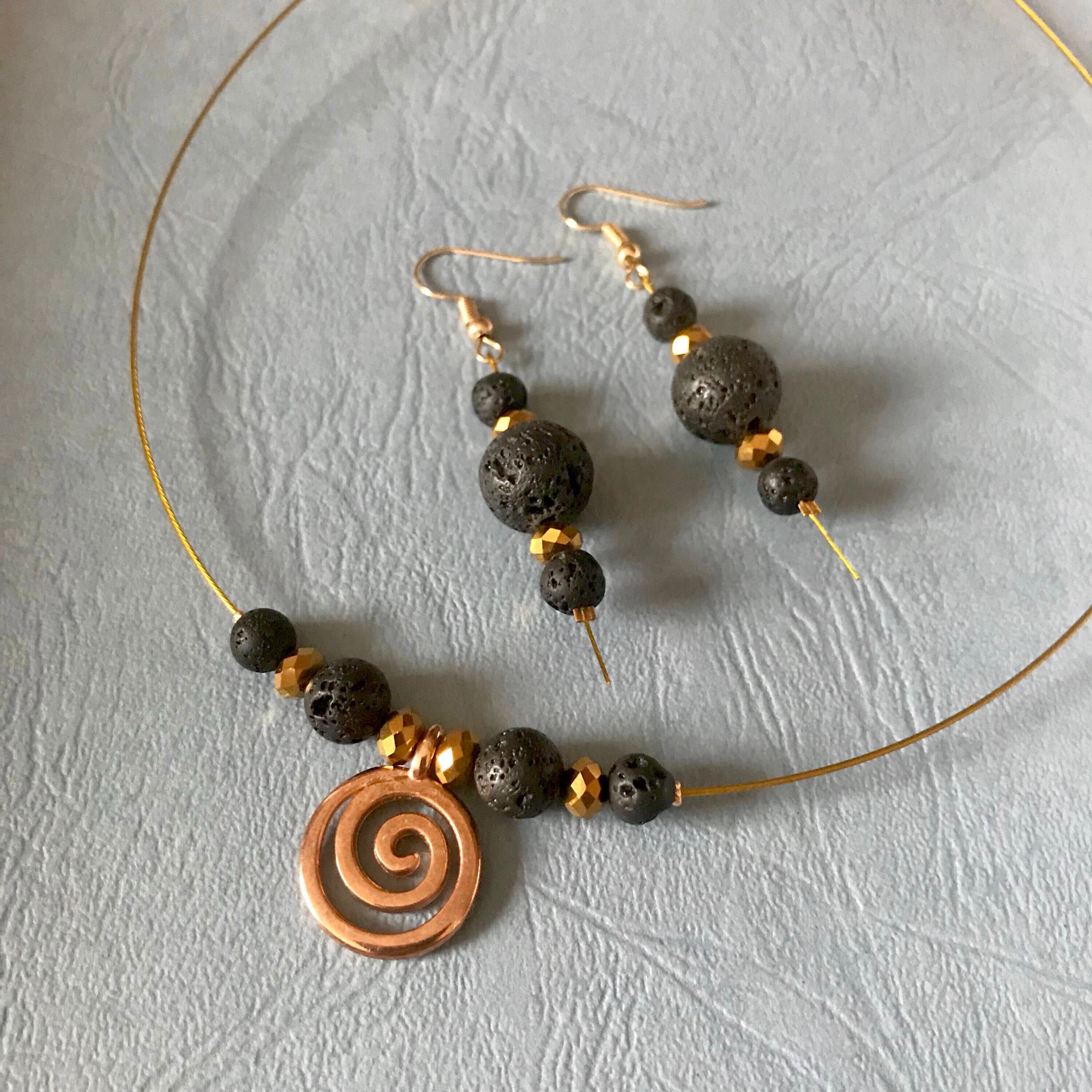 Handmade Jewelry Set, Necklace and Earrings, Black Lava and Brown/gold ...