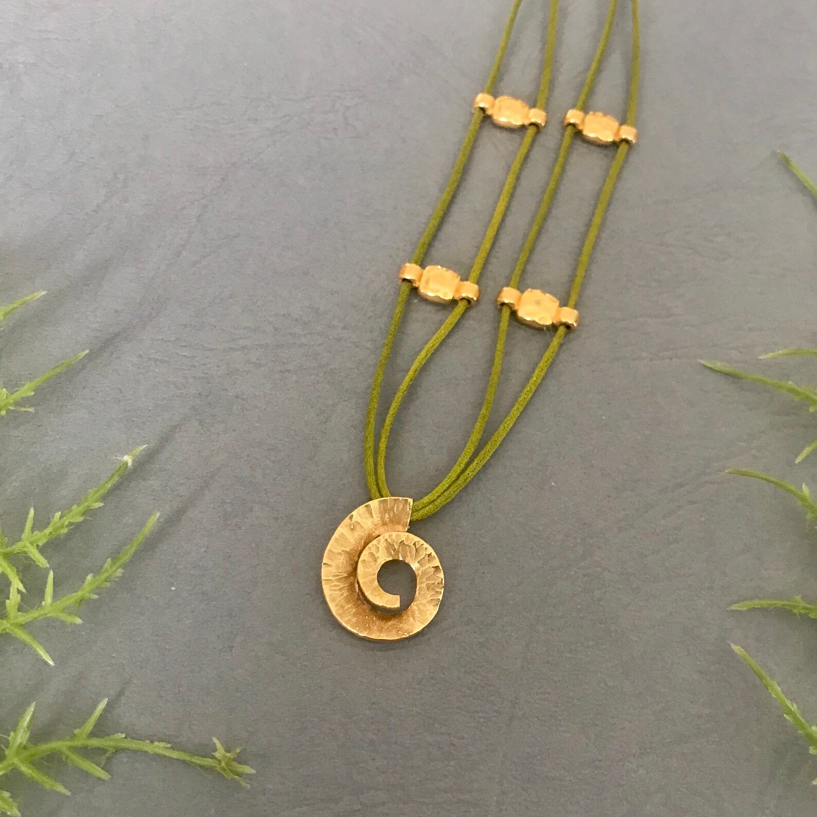 Necklace, Handmade Jewellery, Golden Spiral on Green Satin Threads ...