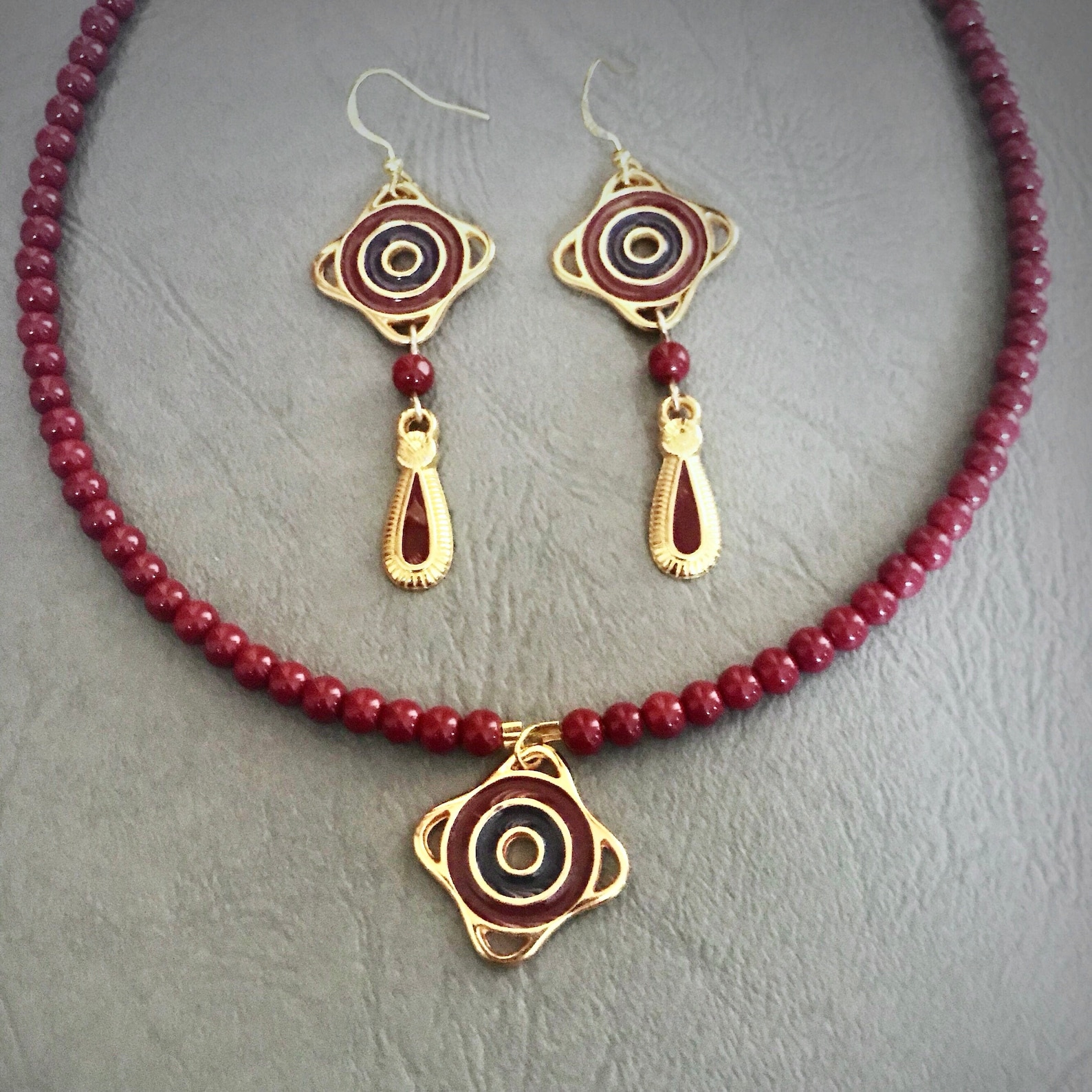 Handmade Jewellery Set, Necklace and Drop Earrings, Red Jewellery, Gift ...