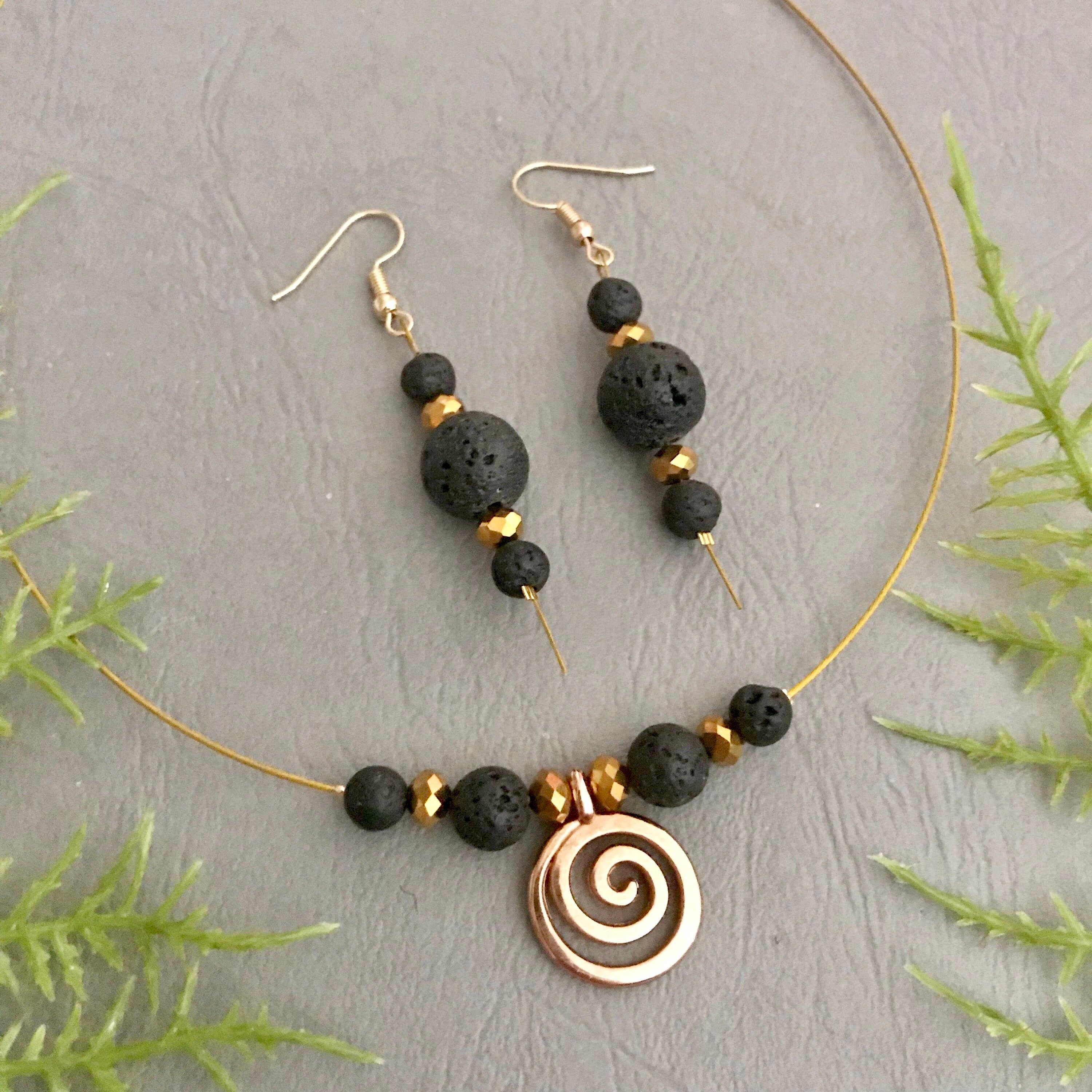 Handmade Jewelry Set, Necklace and Earrings, Black Lava and Brown/gold ...