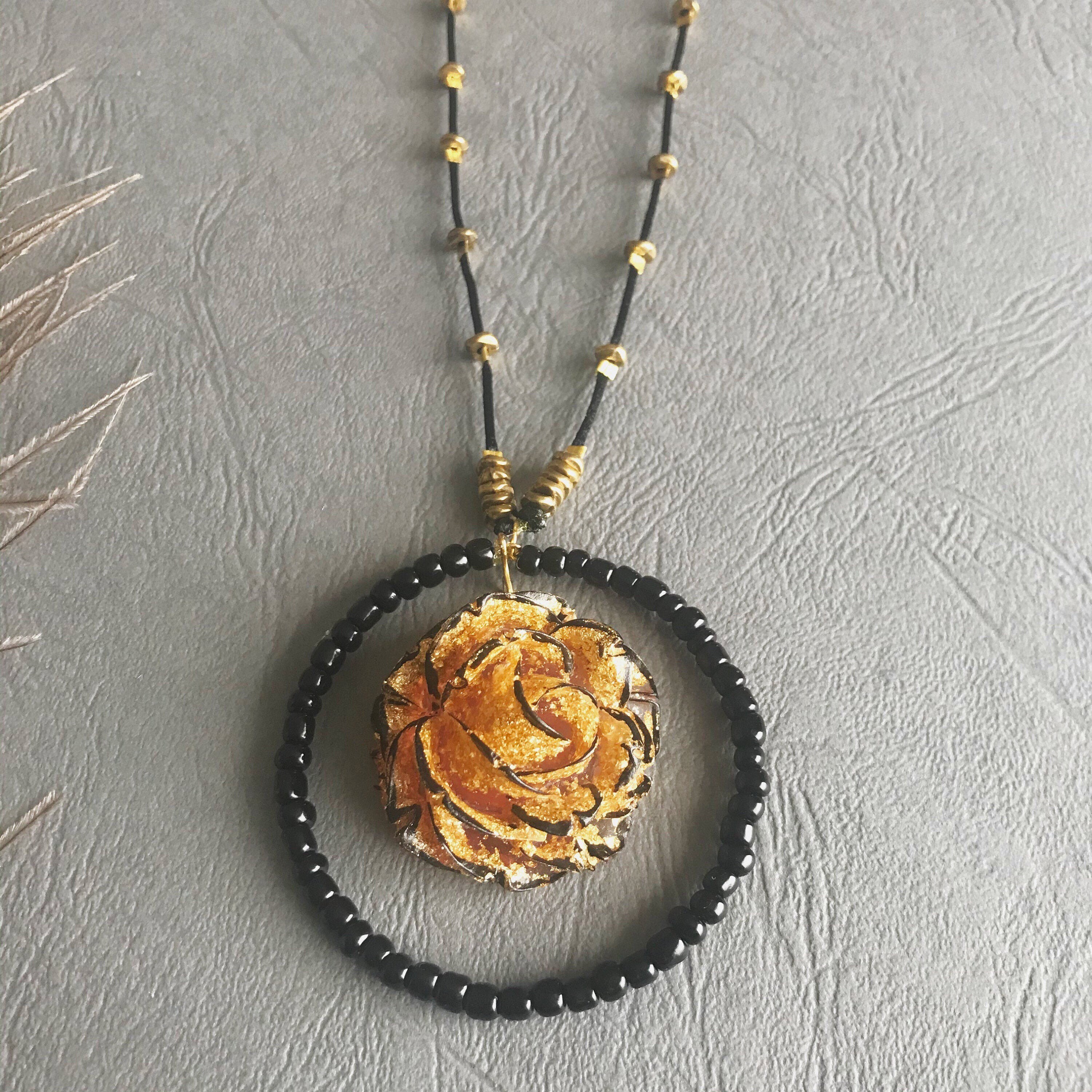 Handmade Jewelry, Gold-red Rose Resin Pendant Necklace, Floral Jewelry ...