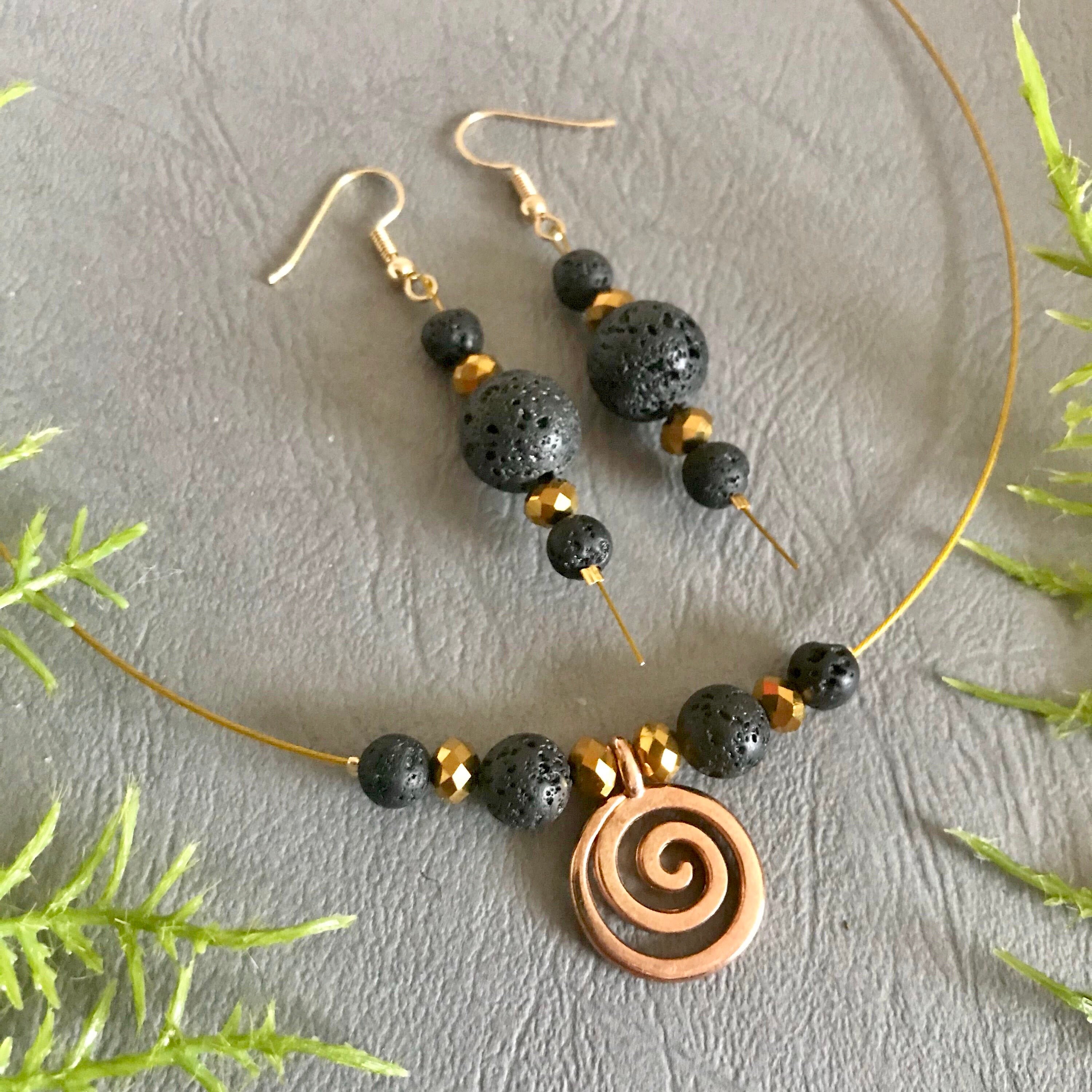 Handmade Jewelry Set, Necklace and Earrings, Black Lava and Brown/gold ...