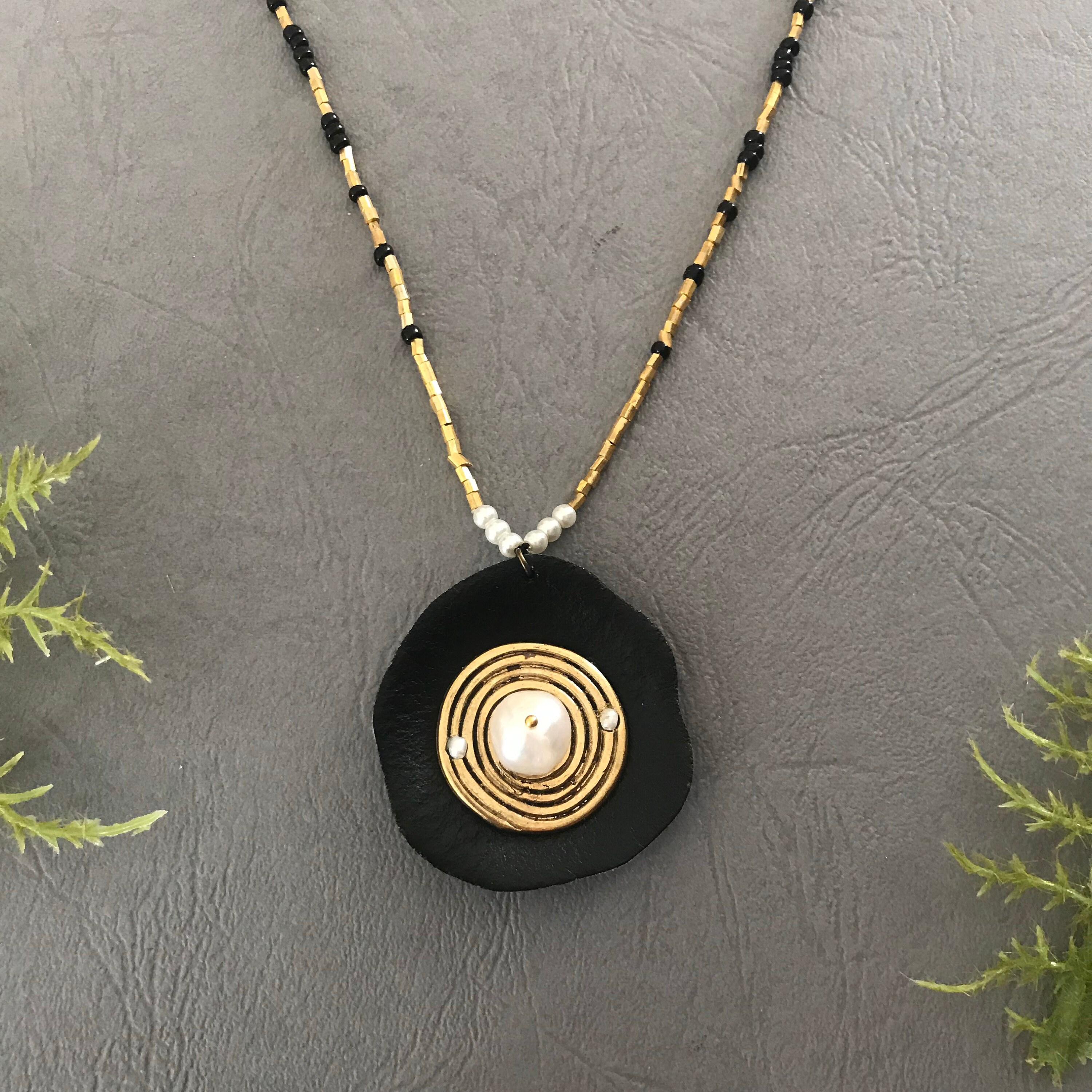 Leather Necklace, Handmade Greek Jewelry Designs, Black Leather Pendant ...