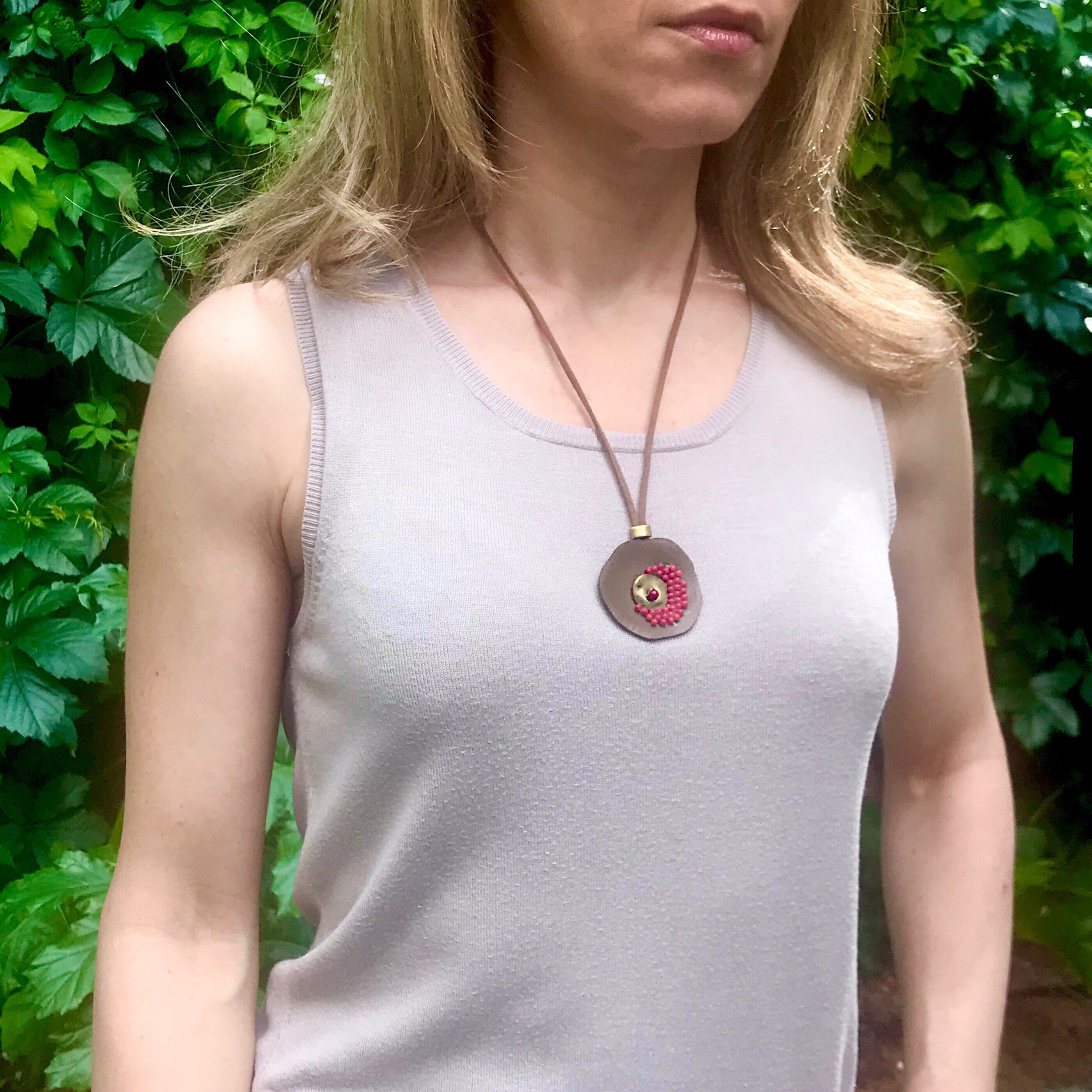 Necklace, Handmade Greek Jewelry, Brown Leather Necklace With Red Beads ...