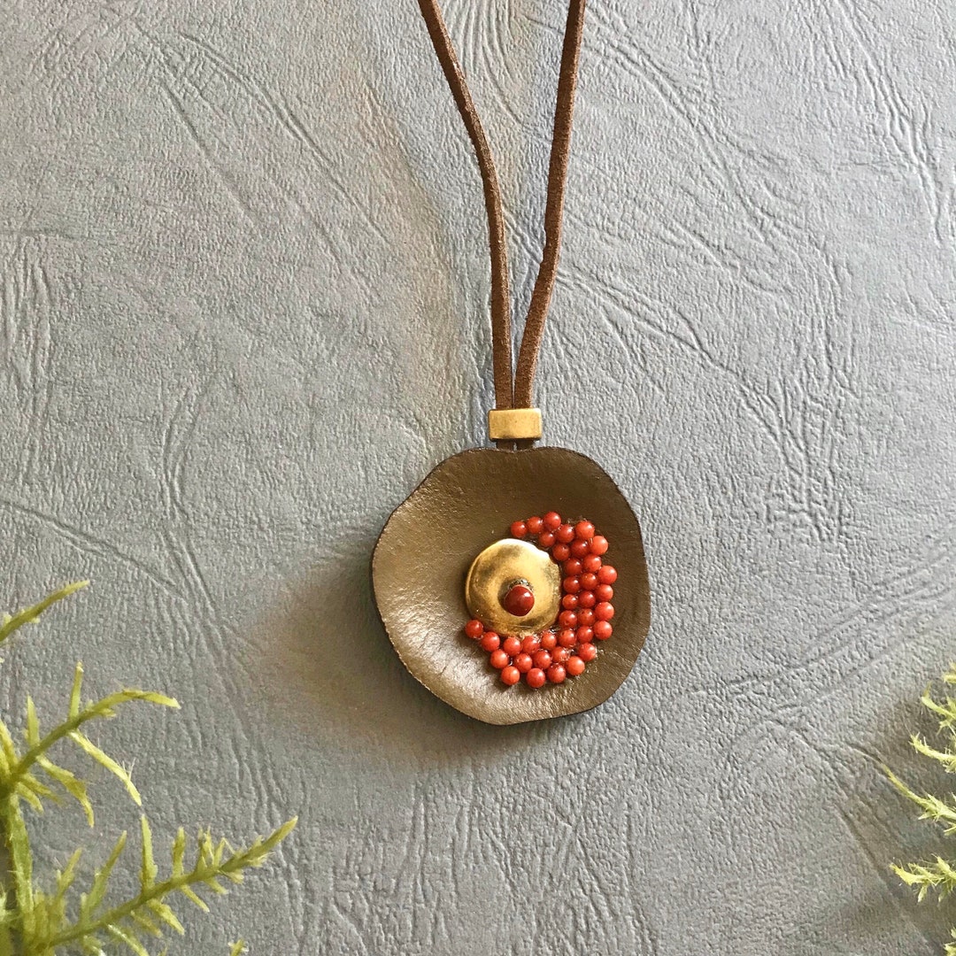 Necklace, Handmade Greek Jewelry, Brown Leather Necklace With Red Beads ...