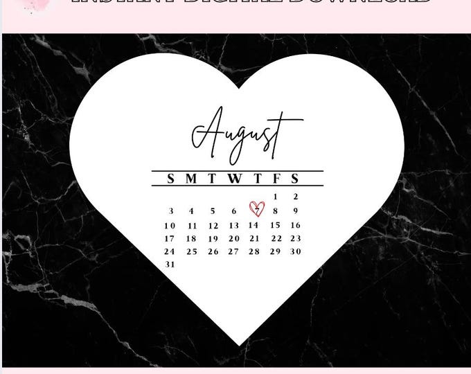 August 2025 Calendar PNG: Heart Shape, Adjustable Dates (digital ...