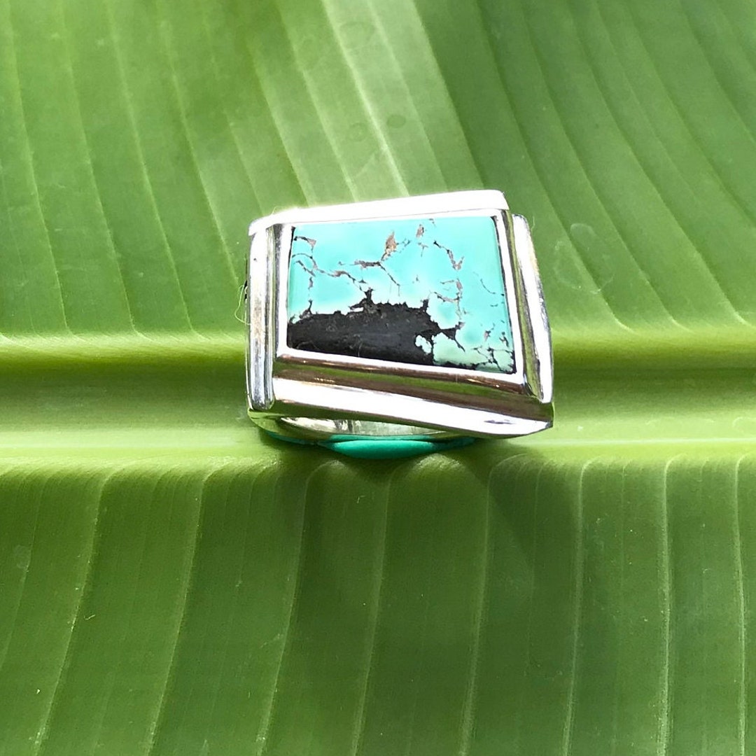 No691 Natural Green Dragon Skin Turquoise and 950 Sterling Silver Ring ...
