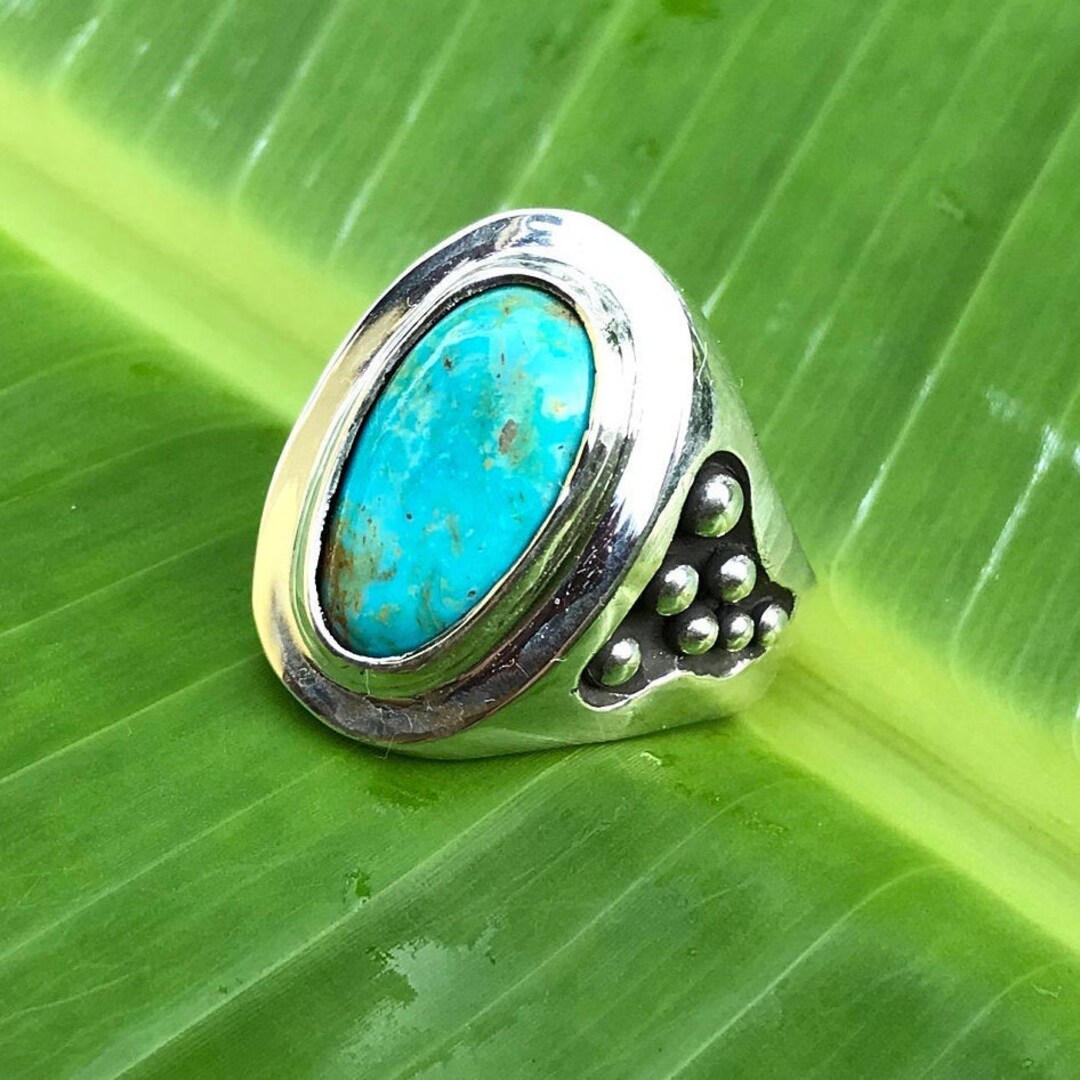 No.454 Natural Tyrone Turquoise in a 950 Sterling Silver Ring Size 12 ...