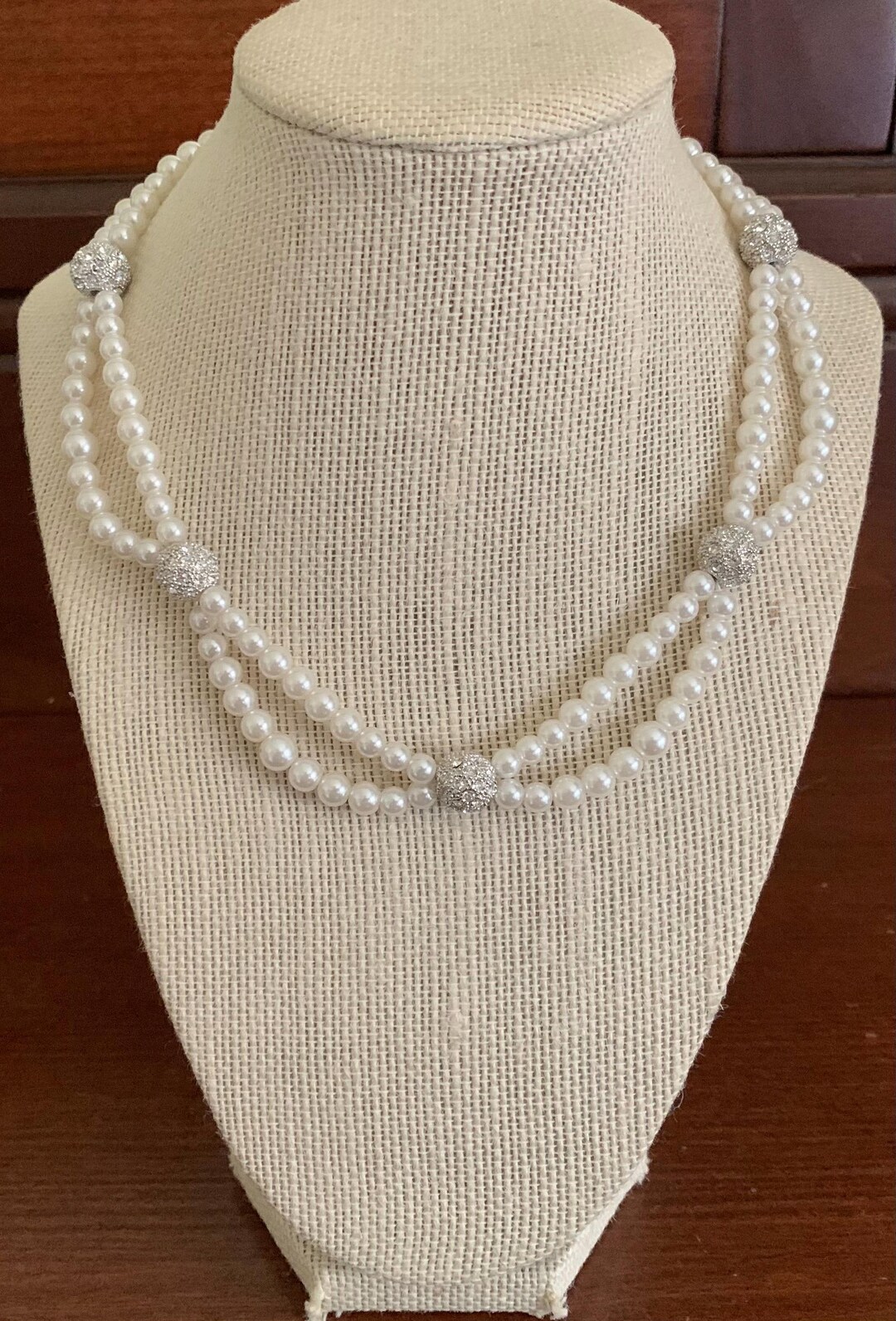 White Pearl Bead Double Strand Scalloped Draped Necklace With Silver ...