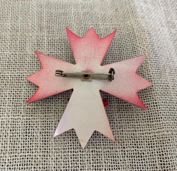 Vintage Red and Gray Enamel Maltese Cross Floral Broo… - Gem