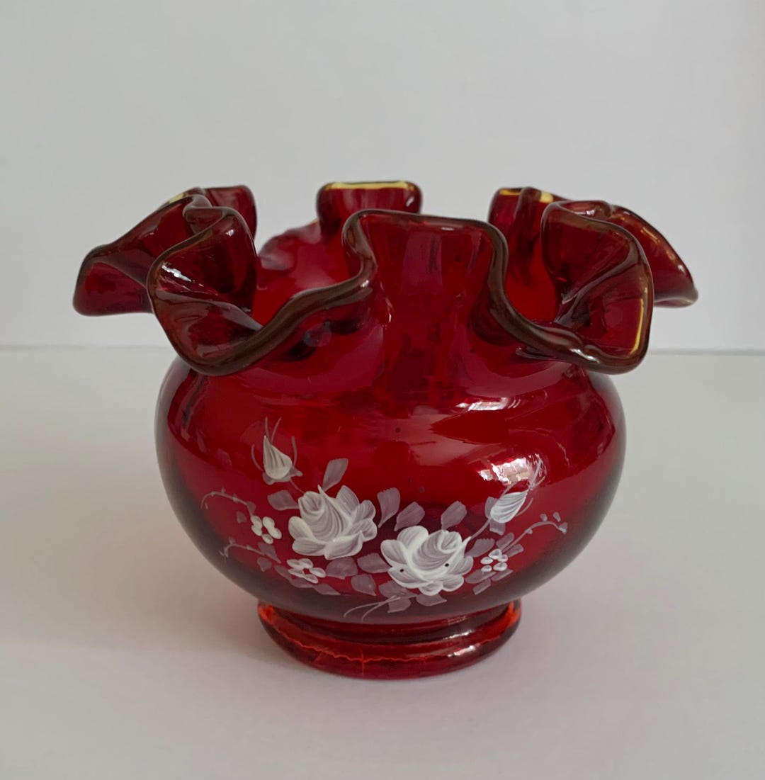 Vintage Fenton Ruby Red Ruffled Rose Bowl Vase Hand-painted With ...