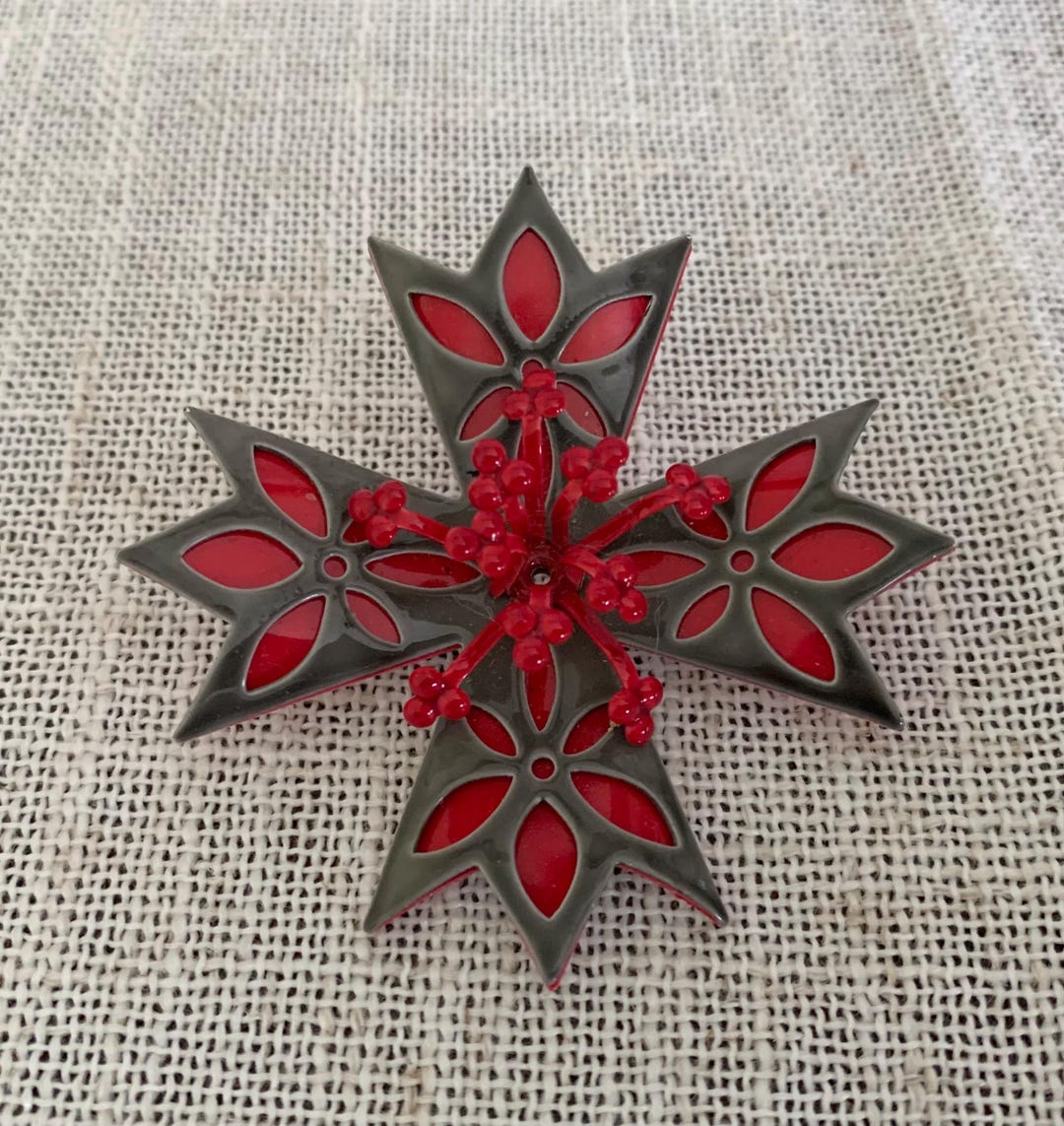 Vintage Red and Gray Enamel Maltese Cross Floral Brooch Pin. Figural ...