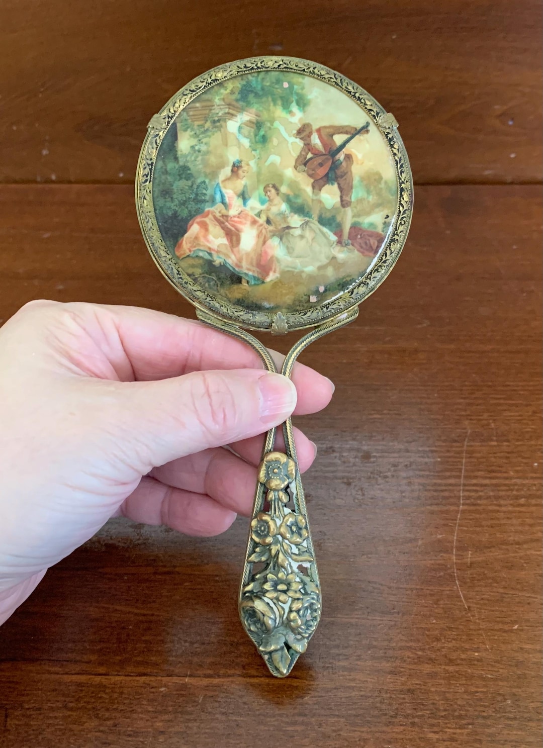 Limoges Small Brass Hand Mirror With Courting Scene-as is Condition ...