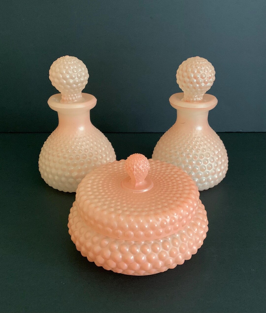 L.E. Smith Blush Pink Hobnail Perfume Bottles and Powder Box/trinket ...