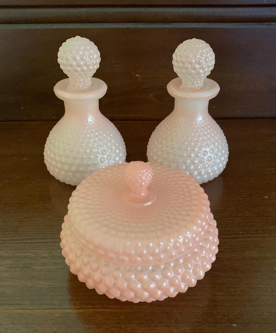 L.E. Smith Blush Pink Hobnail Perfume Bottles and Powder Box/trinket ...