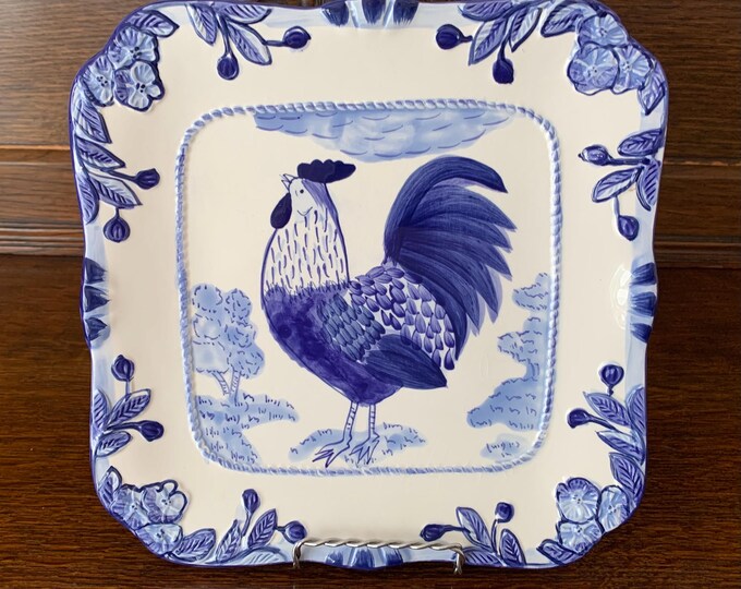 Cobalt Blue Rooster 9 Inch Square Plate/platter With Raised Hydrangea ...