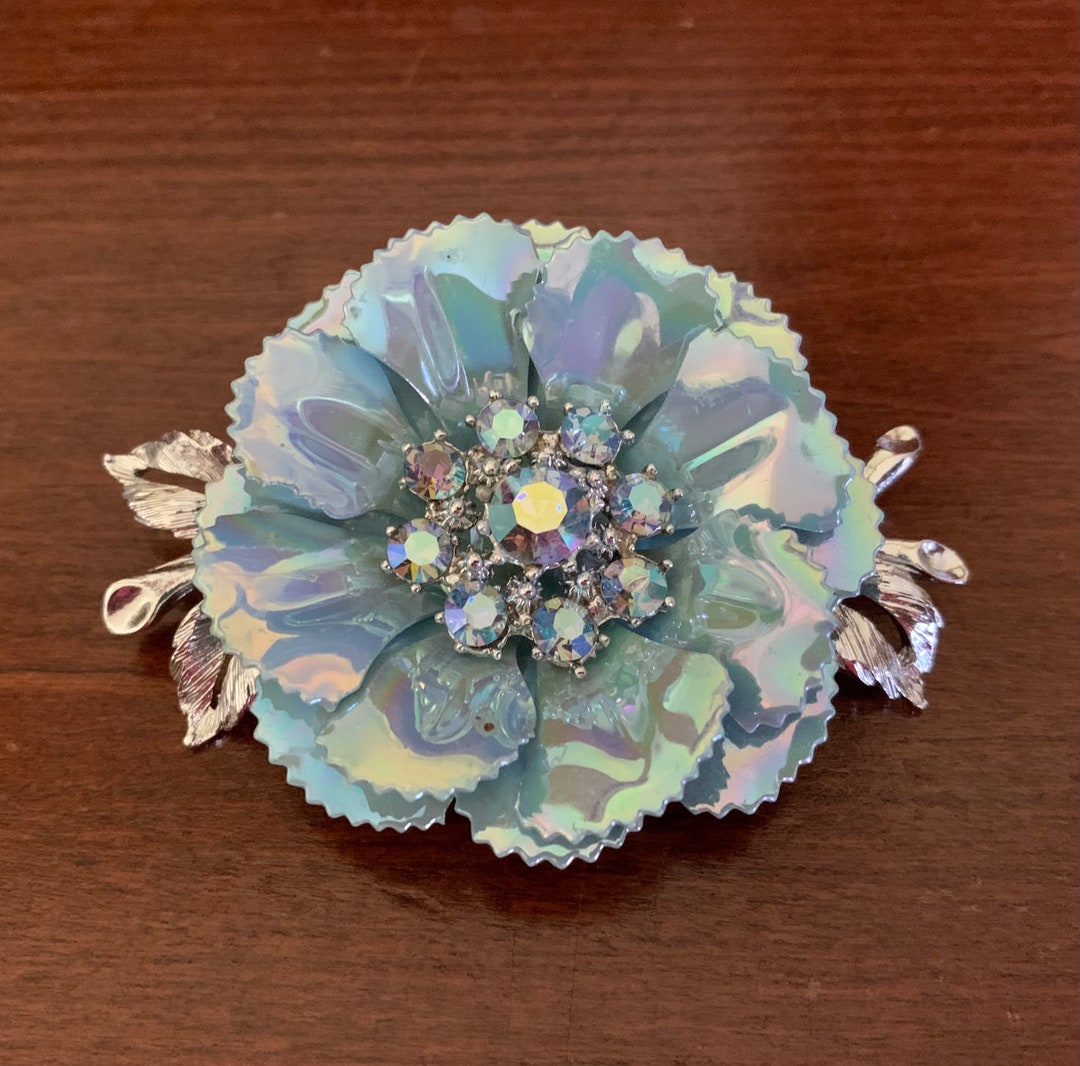 Light Blue Iridescent Enamel Large Silvertone Flower Brooch Pin With ...