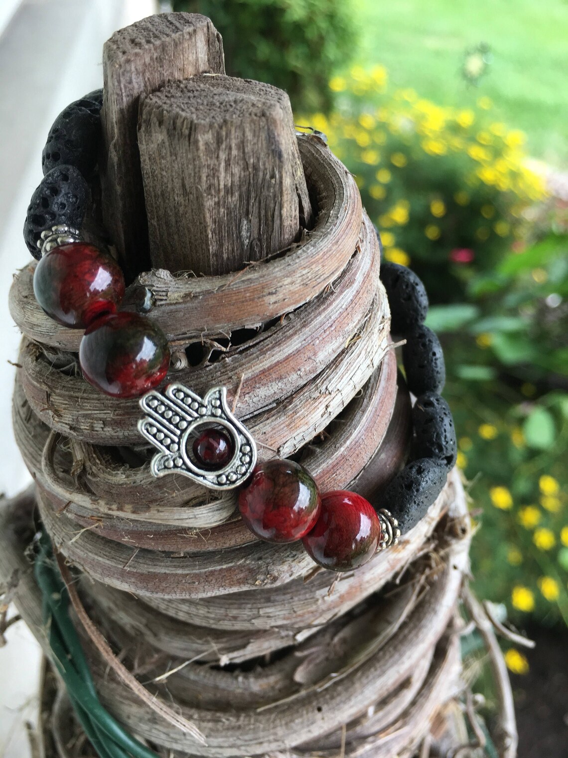 Red Hamsa Hand With Black Lava Rock Bracelet Great for | Etsy