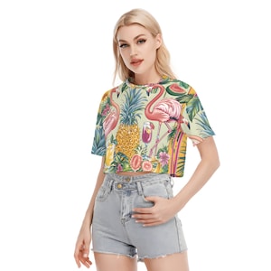 Exotic Flamingo & Pineapple Cotton Crop Top, O-neck Regular Fit Shirt ...