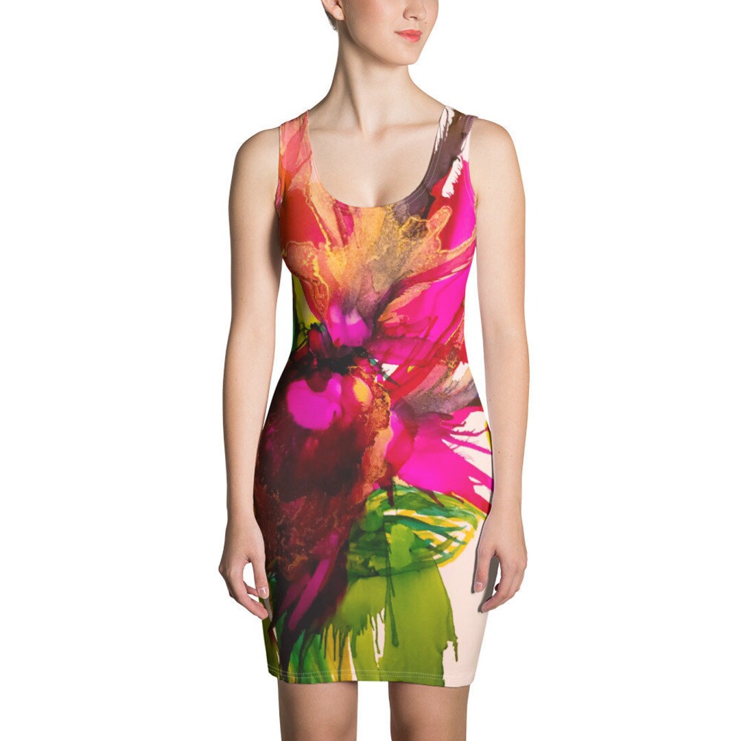 Abstract Floral Dress: Magenta & Green Artistic Print - Etsy