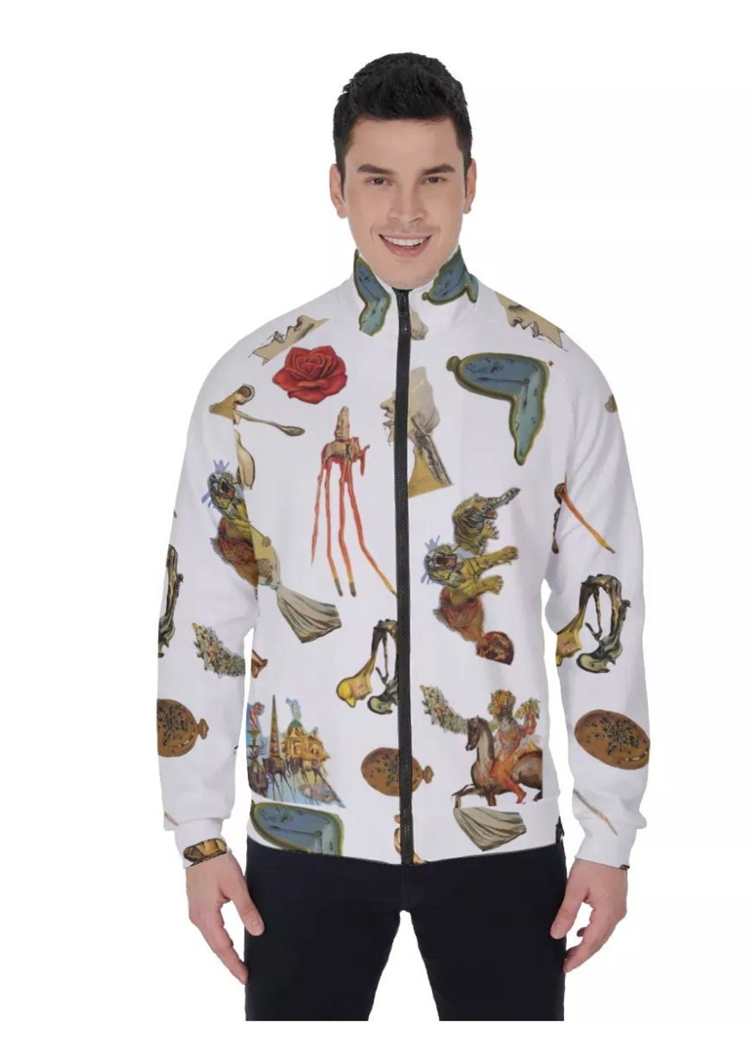 Dali Surrealist Symbols White Collared Jacket- All Over Print Unisex ...