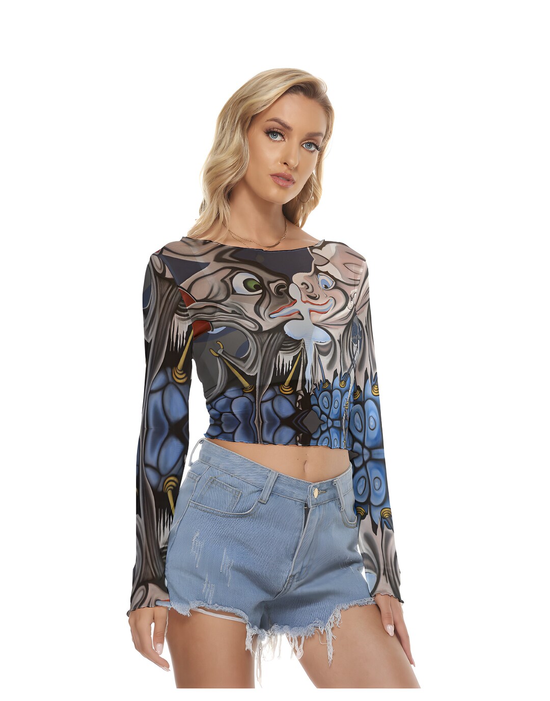 Dali Surrealism Painting Mesh Top, Women's Mesh Crop Top, Long Sleeves ...
