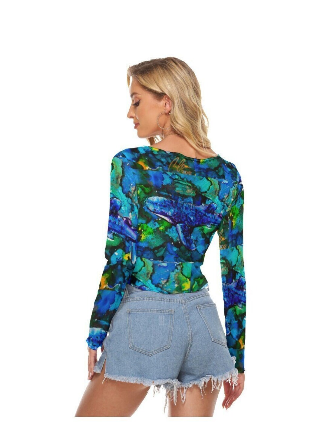 Marbled Artistic Mesh Top, Women's Mesh Crop Top Featuring Whale Shark ...