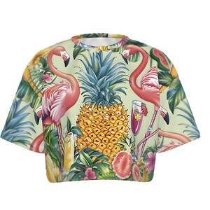 Exotic Flamingo & Pineapple Cotton Crop Top, O-neck Regular Fit Shirt ...