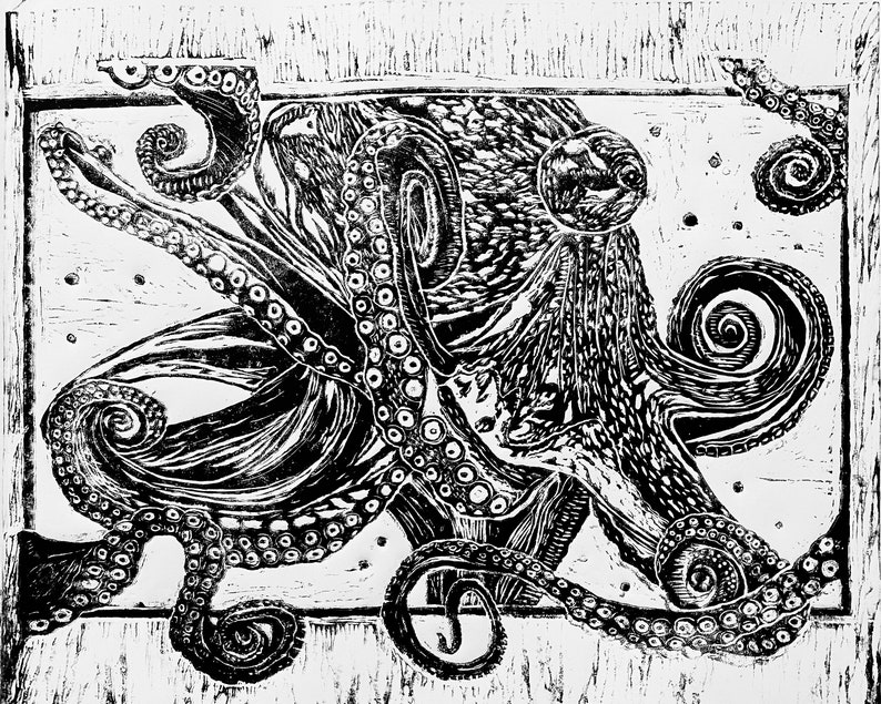 Octopus Woodblock Print Design 100% Katoen short-sleeve Unisex | Etsy