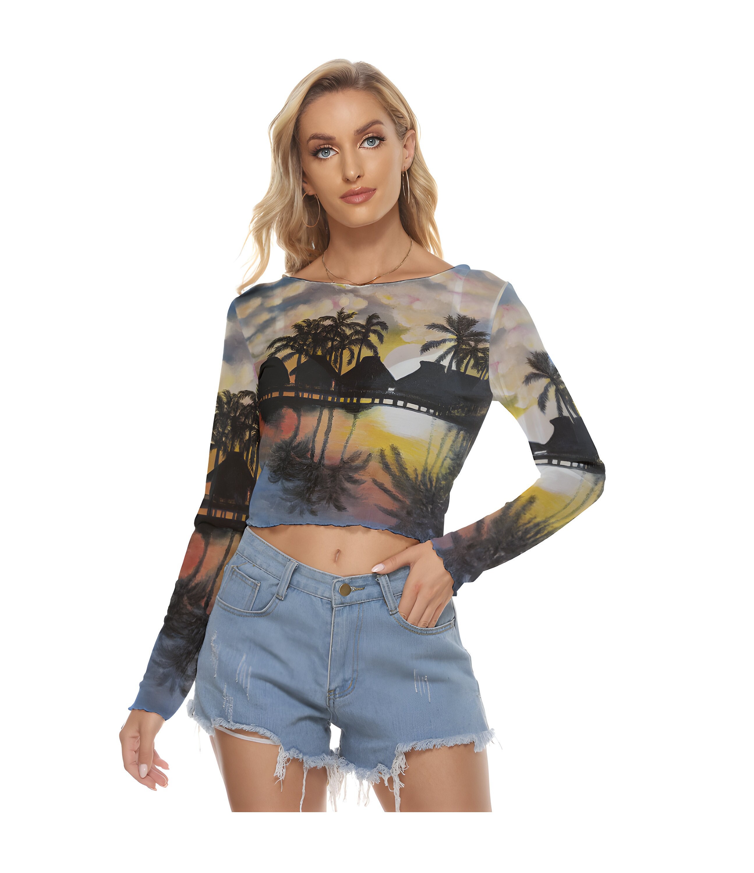 Bora Bora Sunset Painting Mesh Top, Women's Mesh Crop Top, Long Sleeves ...