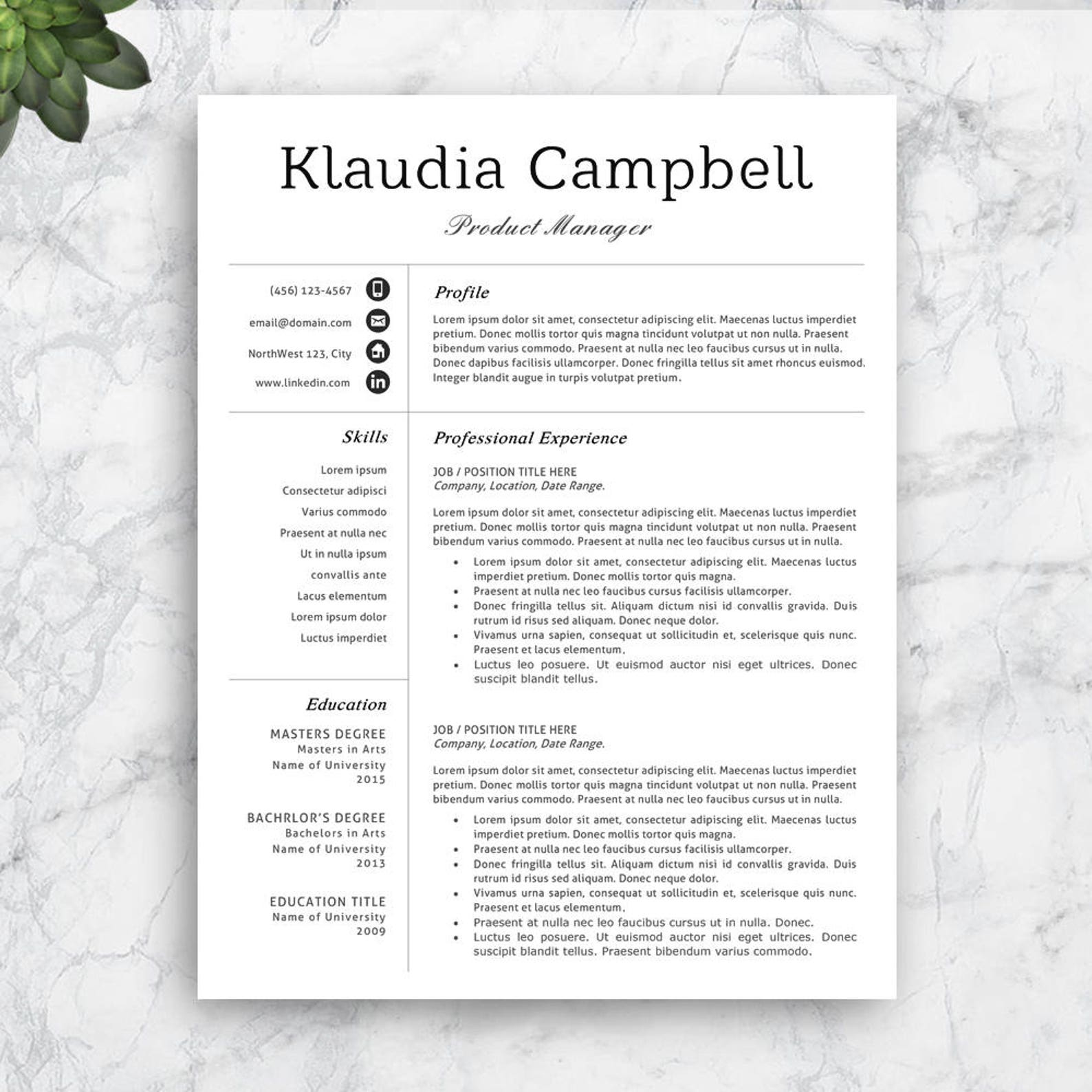 SALE: Professional Resume Template, Easily Editable in Word or Pages ...