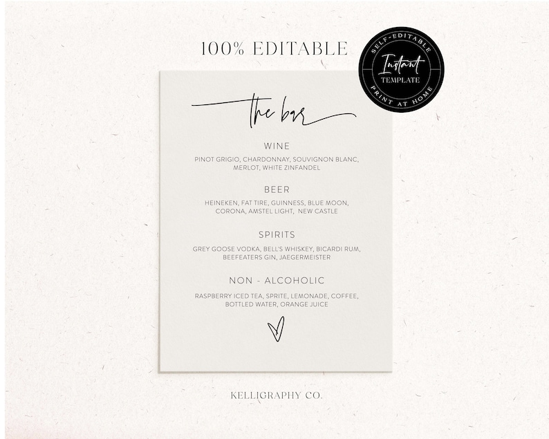 Minimalist Wedding Bar Menu Sign | Editable Template (digital Download ...