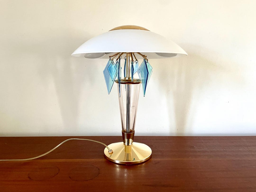 Murano Mushroom Lamp, 1980s Ocean Liner Lamp, Desk Lamp, Blue Tassels ...