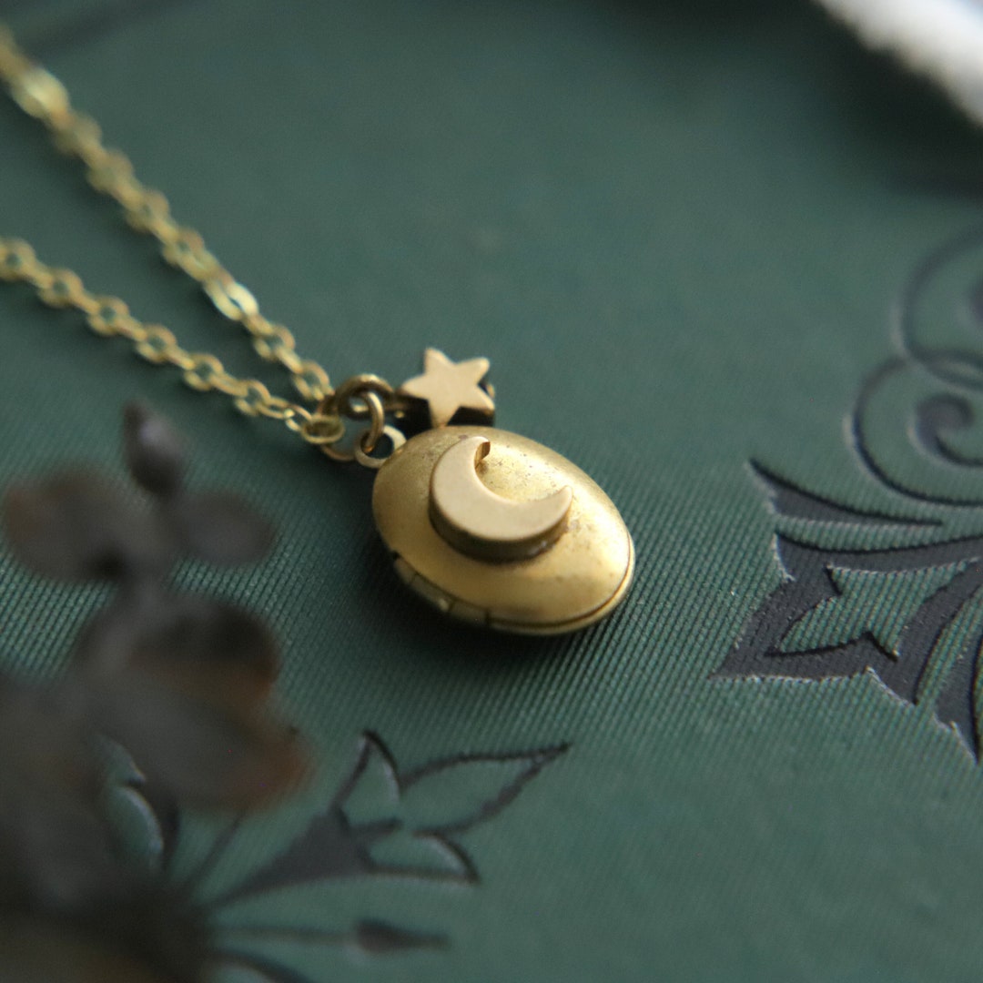 Gold Locket Initial Necklace, Personalized Moon Locket, Small Pendant ...