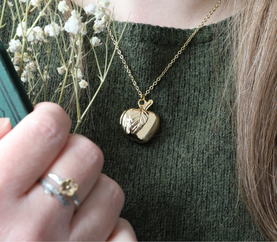 Apple Locket Necklace, Teacher Thank You Gift, Golden Apple, Fruit ...