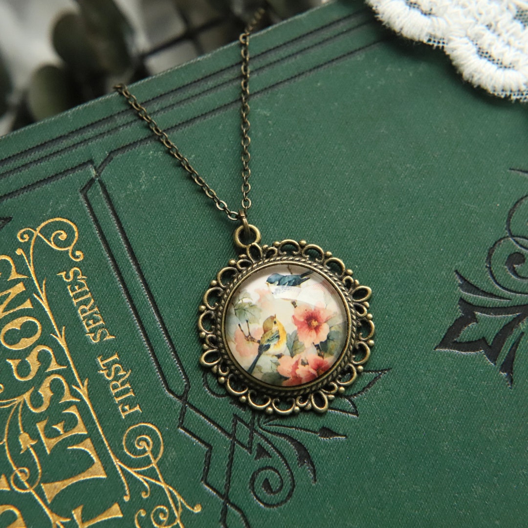 Blue Bird Victorian Necklace: Bronze Floral Pendant - Etsy