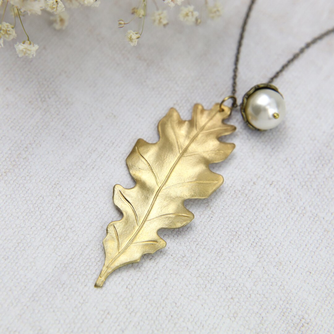 Collier feuille de chêne doré : pendentif gland de perle, bijoux d ...