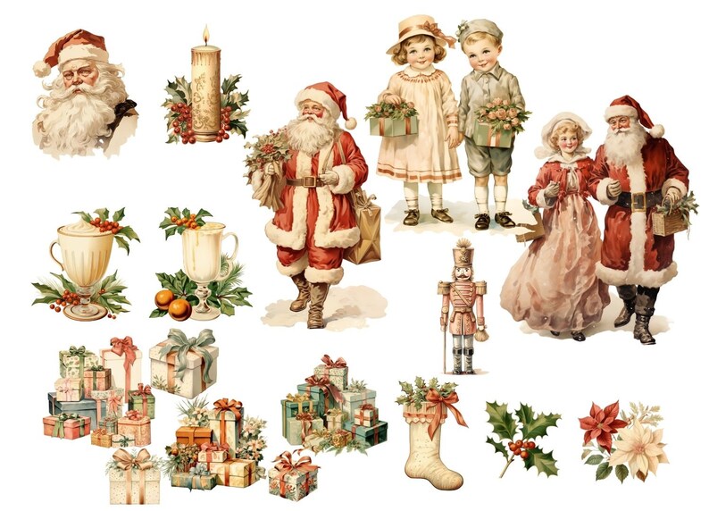 Vintage Christmas Clipart Bundle | Santa Clause PNG Holiday Clipart ...