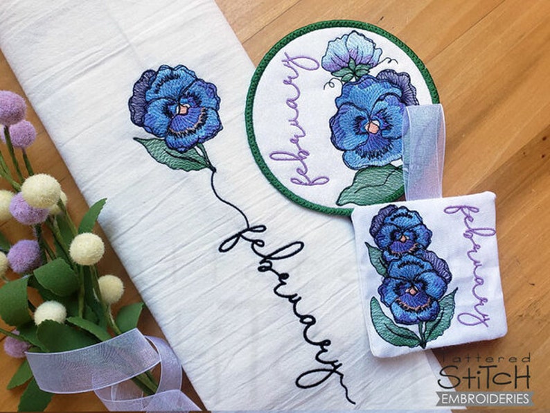 FEBRUARY VIOLETS birth Month Flowers Word Stem Embroidery - Etsy